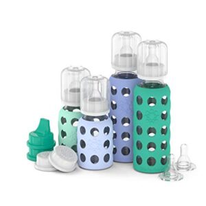 Lifefactory 4 Starter Baby Bottle Set in Mint/Blanket & in Kale/Blueberry Flat & Sippy Caps Stage 2 Nipples 10 Count