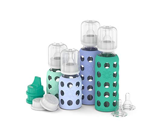 Lifefactory 4 Starter Baby Bottle Set in Mint/Blanket & in Kale/Blueberry Flat & Sippy Caps Stage 2 Nipples 10 Count