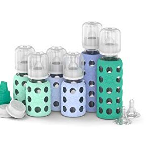 Lifefactory 6 Bottle Starter Set (4) 4-Ounce Baby Bottle in Mint/Blanket (2) 9-Ounce Baby Bottle in Kale/Blueberry (2) Flat Caps (2) Sippy Caps (2) Stage 2 Nipples, Mint/Blanket/Kale/Blueberry/White