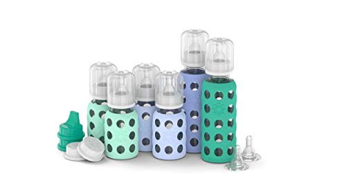 Lifefactory 6 Bottle Starter Set (4) 4-Ounce Baby Bottle in Mint/Blanket (2) 9-Ounce Baby Bottle in Kale/Blueberry (2) Flat Caps (2) Sippy Caps (2) Stage 2 Nipples, Mint/Blanket/Kale/Blueberry/White