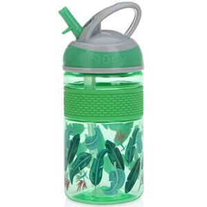 nuby thirsty kids flip-it freestyle on the go water bottle with bite resistant hard straw and easy grip band, green banana leaves, 12 ounce