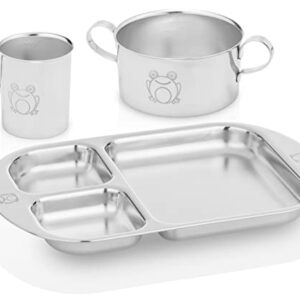 Kiddobloom Children Stainless Steel Dinnerware Set, Frog (1 Bowl, 1 Cup, 1 Divided Plate). High grade stainless #304. Elegant Gift for Baby, Toddler, and Kids.