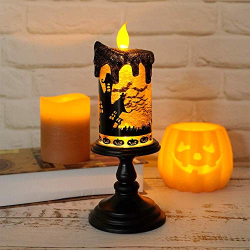 Eldnacele Halloween Snow Globe Candles Lighted Lamp, Battery Operated Spooky Spinning Water Glittering Tornado Candles Flameless Candles Table Centerpiece for Halloween Celebration Parties(Castle)