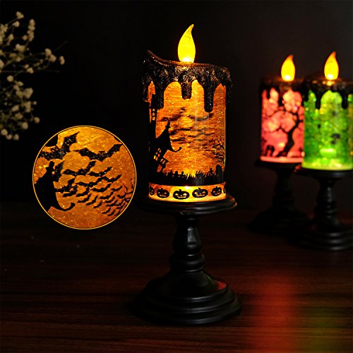 Eldnacele Halloween Snow Globe Candles Lighted Lamp, Battery Operated Spooky Spinning Water Glittering Tornado Candles Flameless Candles Table Centerpiece for Halloween Celebration Parties(Castle)