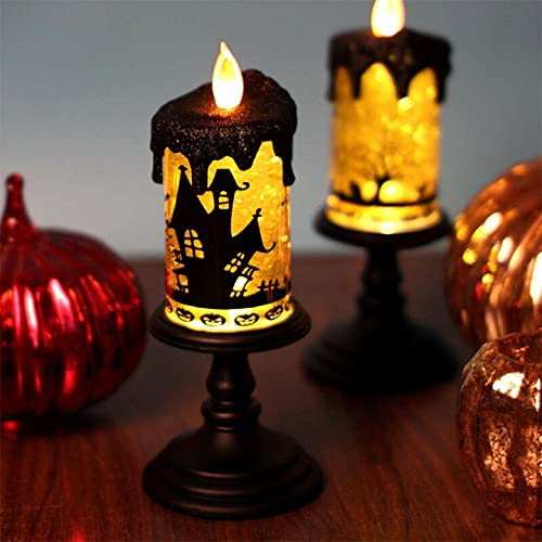 Eldnacele Halloween Snow Globe Candles Lighted Lamp, Battery Operated Spooky Spinning Water Glittering Tornado Candles Flameless Candles Table Centerpiece for Halloween Celebration Parties(Castle)