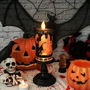 Eldnacele Halloween Snow Globe Candles Lighted Lamp, Battery Operated Spooky Spinning Water Glittering Tornado Candles Flameless Candles Table Centerpiece for Halloween Celebration Parties(Castle)