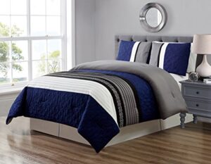 grandlinen 3 piece navy blue/grey/black/white scroll embroidery bed in a bag down alternative comforter set queen size bedding. perfect for any bed room or guest room