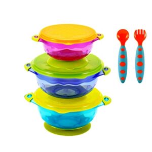 pandaear stay put spill proof stackable baby suction bowls 3 sizes for toddlers with silicone feeding utensils and secure lids bpa free