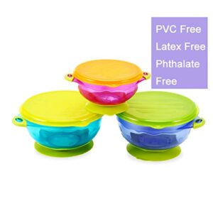 PandaEar Stay Put Spill Proof Stackable Baby Suction Bowls 3 Sizes for Toddlers with Silicone Feeding Utensils and Secure Lids BPA Free