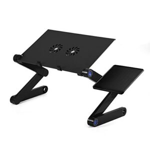 portable laptop stand, 360 degree adjustable foldable computer tablet notebook table desk holder rack with mouse tray for bed red (black-dual fan)