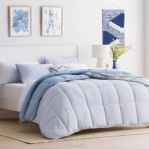 LINENSPA All Season Hypoallergenic Down Alternative Microfiber Comforter, Queen, Light Blue/White