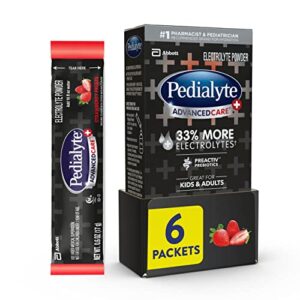 pedialyte advancedcare plus electrolyte powder, with 33% more electrolytes and preactiv prebiotics, strawberry freeze, electrolyte drink powder packets, 0.6 oz, pack of 6