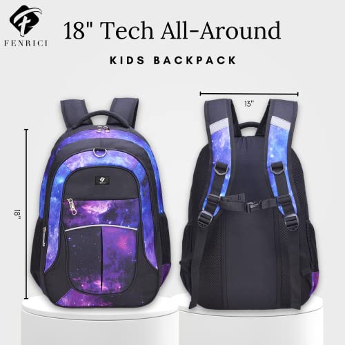 Fenrici Galaxy Backpack for Girls, Boys, Kids, Teens, 18" Large Book Bags for Kindergarten, Elementary, Middle School Students, Laptop Compartment, Extra Large