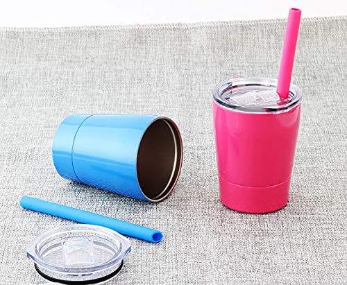 Colorful PoPo Small Cute Kids Cups 2 Pack, Stainless Steel Kid Tumbler with Lid and Straw, Double Wall Vacuum Insulated Toddler Sippy Cups, Children Smoothie Drinking Cup - Pink and Blue