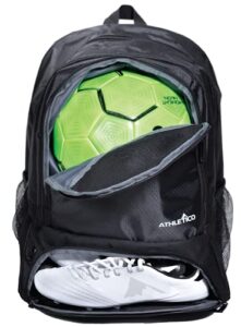 athletico youth soccer bag - soccer backpack & bags for basketball, volleyball & football | includes separate cleat and ball compartment (black)