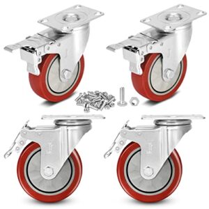 4 inch heavy duty casters load 1800lbs,lockable bearing caster wheels with brakes,swivel casters for furniture and workbench，set of 4 (free screws)