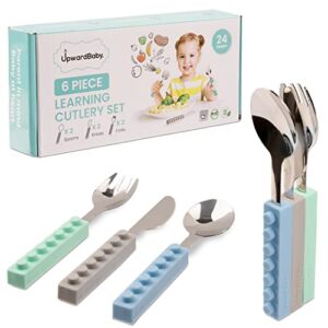 upward baby kids utensils set - lego interlocking 6 piece sensory spoons and forks for self-feeding - toddler silverware - fun stainless steel utensils for toddlers - 12 months old + baby led weaning