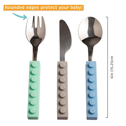 Upward Baby Kids Utensils Set - Lego Interlocking 6 Piece Sensory Spoons and Forks for Self-Feeding - Toddler Silverware - Fun Stainless Steel Utensils for Toddlers - 12 Months Old + Baby Led Weaning