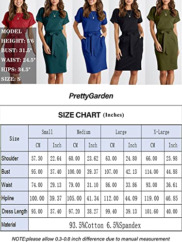 PRETTYGARDEN Women's Summer Short Sleeve Crewneck Striped Dress Basic Solid Tie Waist Office T Shirt Dresses Pockets Black