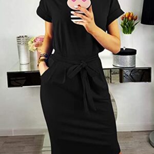 PRETTYGARDEN Women's Summer Short Sleeve Crewneck Striped Dress Basic Solid Tie Waist Office T Shirt Dresses Pockets Black