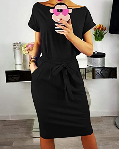 PRETTYGARDEN Women's Summer Short Sleeve Crewneck Striped Dress Basic Solid Tie Waist Office T Shirt Dresses Pockets Black