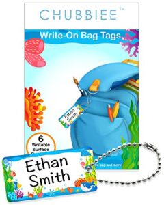 child id bag tags, write-on kids name tags for backpack, lunchbox & diaper bag, great for preschool & daycare, pack of 6 (blue ocean)