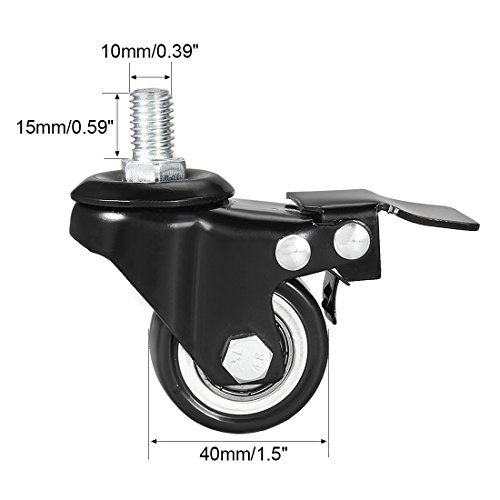 uxcell 1.5 Inch Swivel Caster Wheels PU 360 Degree Threaded Stem Caster Wheel with Brake, M10 x 15mm, 330lb Total Load Capacity, Pack of 4