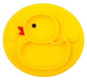 linowos silicone divided toddler plates, portable non slip suction plates for children babies and kids bpa free baby dinner plate (duck-yellow) 1