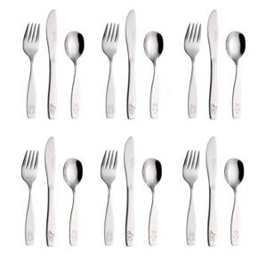 Exzact Exzact Children's Flatware Kids Silverware 18pcs/Toddler Utensils - 6 x Forks, 6 x Safe Dinner Knives, 6 x Dinner Spoons - Engraved Dog Cat Bunny