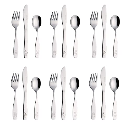 Exzact Exzact Children's Flatware Kids Silverware 18pcs/Toddler Utensils - 6 x Forks, 6 x Safe Dinner Knives, 6 x Dinner Spoons - Engraved Dog Cat Bunny