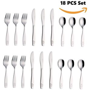 Exzact Exzact Children's Flatware Kids Silverware 18pcs/Toddler Utensils - 6 x Forks, 6 x Safe Dinner Knives, 6 x Dinner Spoons - Engraved Dog Cat Bunny