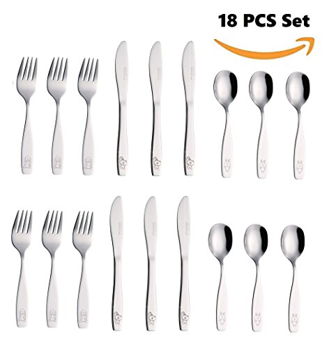 Exzact Exzact Children's Flatware Kids Silverware 18pcs/Toddler Utensils - 6 x Forks, 6 x Safe Dinner Knives, 6 x Dinner Spoons - Engraved Dog Cat Bunny