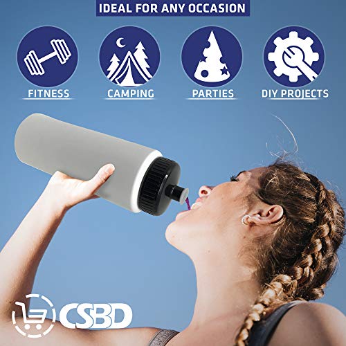 CSBD 32oz Sports Water Bottles, Reusable No BPA Plastic, Pull Top Leakproof Drink Spout, Blank DIY Customization for Business Branding, Fundraises, or Fitness (White Bottle - Black Lid, 4 Pack)