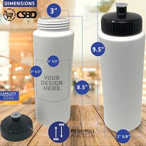 CSBD 32oz Sports Water Bottles, Reusable No BPA Plastic, Pull Top Leakproof Drink Spout, Blank DIY Customization for Business Branding, Fundraises, or Fitness (White Bottle - Black Lid, 4 Pack)