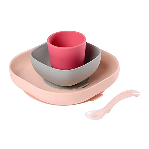 BEABA Silicone 4-Piece Dishware - 100% Silicone Baby Plate Set, Baby Bowls - Includes Baby Plate, Baby Bowl, Baby Cup, 2nd Stage Silicone Spoon, (Rose)