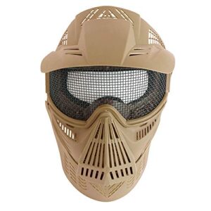 SHENKEL Mask-014tan Full Face Shooting Mask Mesh Goggles with Visor & Neck Guard, Tan