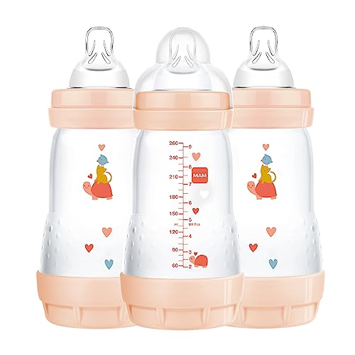 MAM Easy Start Anti-Colic Bottle , Baby Essentials, Medium Flow Bottles with Silicone Nipple, Baby Bottles for Baby Girl, Peach, 9 oz (3-Count)