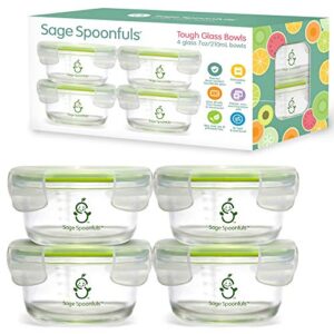 sage spoonfuls glass baby food containers with lids - 4 pack, 7 oz baby food jars, durable, leakproof & airtight, freezer storage, reusable glass baby food containers, microwave & dishwasher safe