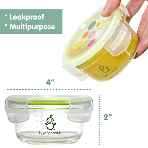 Sage Spoonfuls Glass Baby Food Containers with Lids - 4 Pack, 7 oz Baby Food Jars, Durable, Leakproof & Airtight, Freezer Storage, Reusable Glass Baby Food Containers, Microwave & Dishwasher Safe