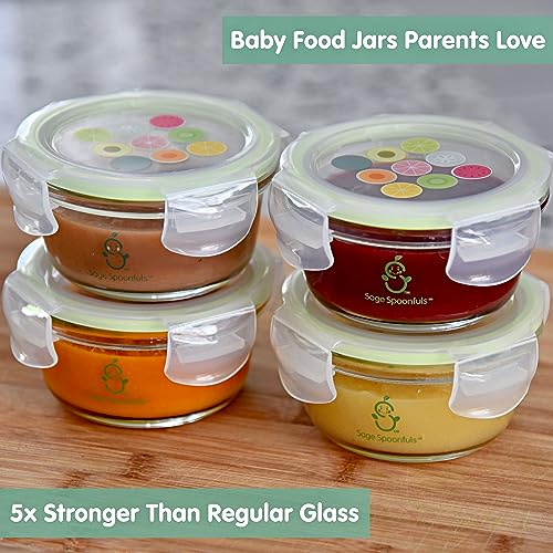 Sage Spoonfuls Glass Baby Food Containers with Lids - 4 Pack, 7 oz Baby Food Jars, Durable, Leakproof & Airtight, Freezer Storage, Reusable Glass Baby Food Containers, Microwave & Dishwasher Safe