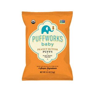 puffworks baby organic peanut butter puffs, perfect for early peanut introduction for allergy prevention, plant-based protein, usda organic, gluten-free, vegan, non-gmo, kosher, 0.5 ounce (pack of 12)