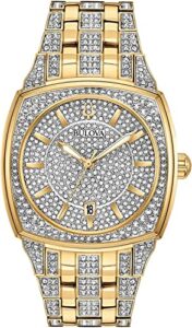 bulova men's crystals phantom gold tone stainless steel 3-hand quartz watch, cushion shape dial and curved mineral crystal style: 98b323