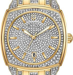 Bulova Men's Crystals Phantom Gold Tone Stainless Steel 3-Hand Quartz Watch, Cushion Shape Dial and Curved Mineral Crystal Style: 98B323