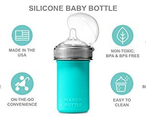 Mason Bottle Silicone Baby Bottle: Includes Silicone Nipple (Medium Flow Nipple for 3+ Months), Plastic Ring + Cap, 8 Ounce Silicone Bottle, BPA Free, Non-Toxic 100% Made in USA (1 Count)