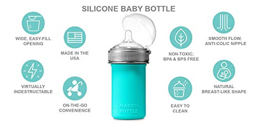 Mason Bottle Silicone Baby Bottle: Includes Silicone Nipple (Medium Flow Nipple for 3+ Months), Plastic Ring + Cap, 8 Ounce Silicone Bottle, BPA Free, Non-Toxic 100% Made in USA (1 Count)