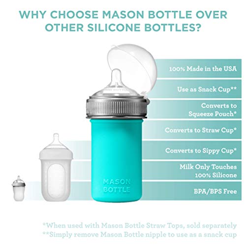 Mason Bottle Silicone Baby Bottle: Includes Silicone Nipple (Medium Flow Nipple for 3+ Months), Plastic Ring + Cap, 8 Ounce Silicone Bottle, BPA Free, Non-Toxic 100% Made in USA (1 Count)