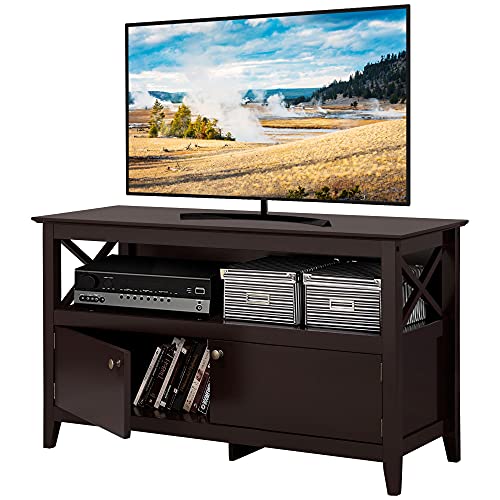 Yaheetech X Shape Wooden TV Table Stand for TVs Up to 50 in, Media Entertainment Center Console Table with Storage Cabinets & Open Shelf, 2 Doors Living Room Furniture, Espresso