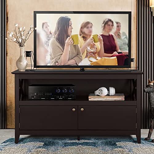 Yaheetech X Shape Wooden TV Table Stand for TVs Up to 50 in, Media Entertainment Center Console Table with Storage Cabinets & Open Shelf, 2 Doors Living Room Furniture, Espresso