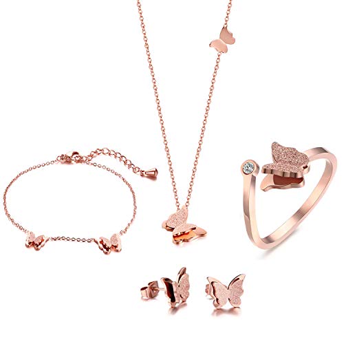 VNOX Butterfly Matte Finish Rose Gold Plated Stainless Steel Bracelet Ring Necklace and Stud Earrings Jewelry Set for Women Teen Girls