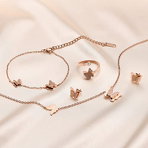 VNOX Butterfly Matte Finish Rose Gold Plated Stainless Steel Bracelet Ring Necklace and Stud Earrings Jewelry Set for Women Teen Girls